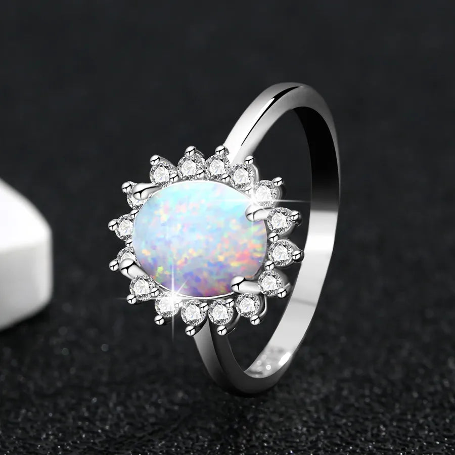 Fashion S925 Sterling Silver Micro Inlaid Sunflower Zircon Opal Ring f ...